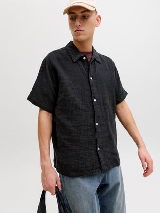 Jack & Jones Kurzarmhemd JACK & JONES JORNANTUCKET DOUBLE CLOTH SHIRT SS EA26, Herren, Gr. M, N-Gr, schwarz, Web, Obermaterial: 100% Baumwolle, unifarben, relaxed 