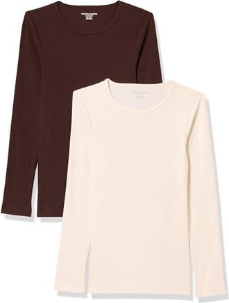Amazon Essentials Haut à Encolure Ronde et Manches Longues, Coupe ajustée, en Maille côtelée (Existe en Grandes Tailles) Femme, Lot de 2, Coquille Doeuf/Marrón Espresso