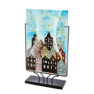 GILDE GLAS art Glas Art Vase Stadtlichter - grau, hellblau, schwarz - Glas - H&ouml;he 45cm handbemalt - Tischvase