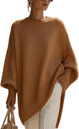 Generic Pull ample chaud &agrave; manches chauve-souris pour femme - Pull en tricot doux et confortable &agrave; col rond - Poncho d&eacute;contract&eacute; - Mode dautomne - R&eacute;tro Grace