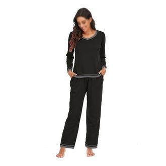 Generic Pyjama Femme Long Col V Ensemble Pyjama Ensemble 2 Pi&egrave;ces Haut &agrave; Manches Longues et Pantalon de Pyjama Jambe Large Confortable D&eacute;tente S-XXL(Black,XXL