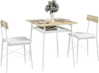 HOMCOM Ensemble Table et chaises, Table de Cuisine, Structure en Acier, avec 2 chaises encastrables, pour Cuisine Salon Maison, Blanc et ch&ecirc;ne