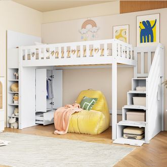 Generic Hochbett 90x200cm Wei&szlig; mit Stauraumtreppe & Schrank Einzelbett Massivholz Kiefer Stauraumbett Romantisches Design Systembett Hochschl&auml;fer f&uuml;r kleine R