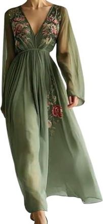 Minetom Femme Robe De Soir&eacute;e Chic Longue Col V &Agrave; Fleur Mousseline Manches Longue Maxi Dress Plage D&Eacute;t&eacute; Cocktail Mariage Robe De Demoiselle dhonneur D Vert XXL