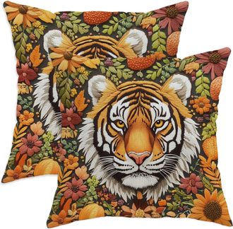 Generic Herbst-Tiger-Kissenbezüge, 2er-Set, orangefarbenes Blumenmuster, bestickt, dekorativ, quadratisch, Akzente, Kissen für Zuhause, Sofa, Couch, Dekoratio