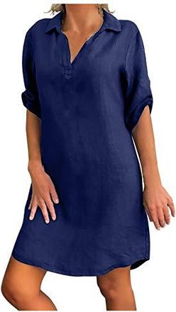 Generic Robe chemise robe chemisier robe lin femme col en V manches mi-longues robe chemise élégante été décontractée couleur unie robe courte mini robe ample
