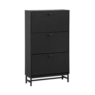 Sweeek Meuble &agrave; Chaussures 3 abattants d&eacute;cor Bois rainur&eacute; Noir Style Contemporain 18 Paires