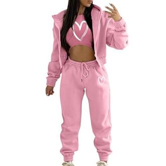 Generic Surv&ecirc;tement d&eacute;contract&eacute; pour femme - Automne et hiver - Ensemble de 3 pi&egrave;ces avec haut gilet et pantalon - Imprim&eacute; coeur - Fermeture &eacute;clair - Pantalon