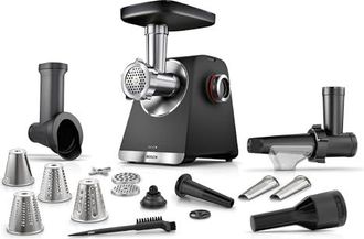 Bosch MultiPower Serie 6 Fleischwolf MFWS660B, 3 Lochscheiben (3, 4,5 und 8 mm), Edelstahl, spülmaschinenfest, Reibe-, Wurst- und Kebbe-Aufsatz, Entsafter, 