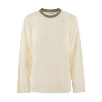Brunello Cucinelli Femme, Pulls, Blanc, Taille: 40 FR Pull ras du cou c&ocirc;tel&eacute; avec col orn&eacute;