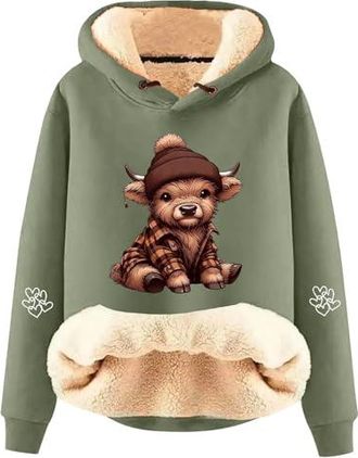 Generic Sweat &agrave; capuche doubl&eacute; en polaire imprim&eacute; vache mignon d&eacute;contract&eacute; tendance &agrave; manches longues pour un confort douillet, vert clair, M
