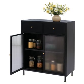 Mendler Kommode HWC-O87, Schrank Sideboard Highboard, Stauf&auml;cher Schubladen Industrial Metall Schilfglas 96x80x40cm - schwarz