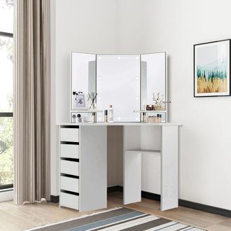 ML Design Ml-Design - Coiffeuse moderne blanche 110x54x141,5 cm - &Eacute;clairage LED - 3 miroirs - 5 tiroirs - 3 &eacute;tag&egrave;res de rangement - Bois MDF