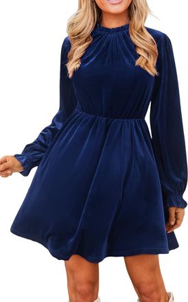 Cupshe Damen Samtkleid Stehkragen Lange Puff&auml;rmel R&uuml;schen Elegant Freizeitkleider Party Mini Dress Marineblau S