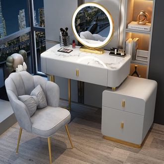 Generic Schminkstuhl, modernes Schminktisch-Set mit Spiegel und Beleuchtung, gro&szlig;er Schminktisch mit beweglichem Nachttisch und gepolstertem Hocker, 3 einstel