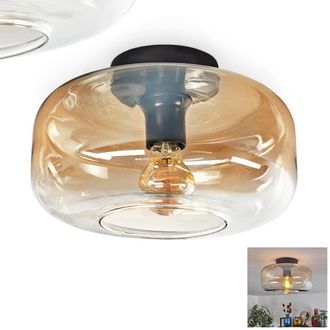 HOFSTEIN Deckenleuchte Boza, runde Deckenlampe aus Metall/Glas in Schwarz/Bernsteinfarben/Klar, Leuchte im modernen Retro/Vintage-Design mit Schirm aus Glas (&Oslash;