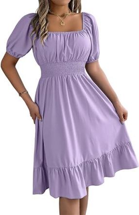 Generic Robe d&eacute;t&eacute; d&eacute;contract&eacute;e &agrave; manches bouffantes avec col carr&eacute;, manches courtes, taille ajust&eacute;e, ourlet &agrave; volants, robe d&eacute;t&eacute; midi trap&egrave;ze, violet, XL