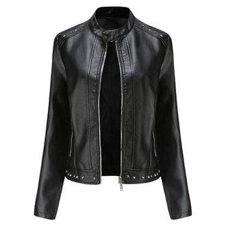 Generic Veste en similicuir pour femme - Coupe ajust&eacute;e - Matelass&eacute;e - Manches longues - Col &agrave; revers - Coupe ajust&eacute;e - Fermeture &eacute;clair - Manteau de motard, N