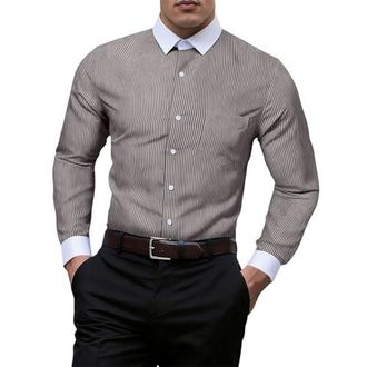 Generic Chemises daffaires pour homme &agrave; manches longues ray&eacute;es et col roul&eacute; - Coupe r&eacute;guli&egrave;re - Chemise classique pour homme - Chemise extensible pour le trav
