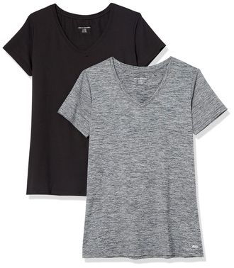 Amazon Essentials Damen Kurz&auml;rmeliges T-Shirt mit V-Ausschnitt aus Tech-Stretch-Stoff - Auslauffarben, 2er-Pack, Kohlegrau Space-dye/Schwarz, 3XL Gro&szlig;e Gr&ouml;&szlig;en