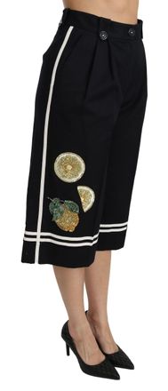 Dolce & Gabbana Womens Black Lemon Embellished Palazzo Cropped Pants Cotton Elastane
