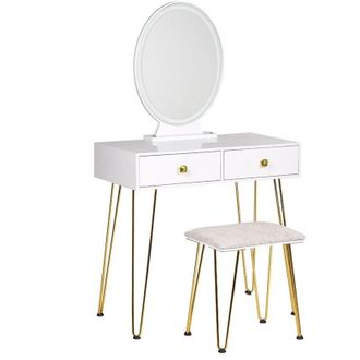 Beliani Schminktisch Wei&szlig; und Gold MDF-Platte mit Metallbeinen Ovalem LED-Spiegel 2 Schubladen Hocker Glamour f&uuml;r Erwachsene Schlafzimmer Jugendzimmer