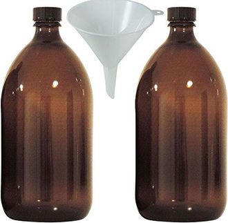 mikken Art 2 x braune Medizinflasche 1000 ml Apothekerflasche, Laborflasche made in Germany, BPA frei inkl. Trichter