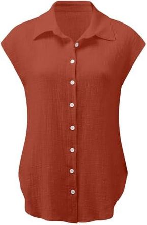 Generic Haut en lin pour femme 2026 d&eacute;contract&eacute;, couleur unie, respirant, boutonn&eacute;, chemisiers amples &agrave; manches courtes, tunique de travail, marron, XXL