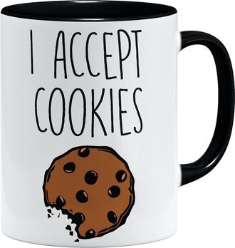 OM3 I Accept Cookies Statement Tasse mit Spruch - Keramik Becher - 11oz 325ml - Beidseitig Bedruckt - Schwarz