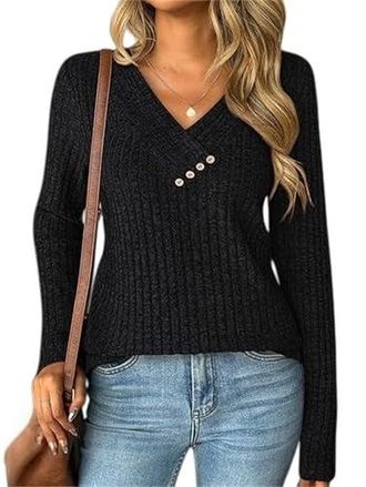 Generic Pull &agrave; col en V pour femme Printemps Automne Pull D&eacute;contract&eacute; Ample Boutons Corset Top Mode Business Work Shirts Sweatshirt, Noir, XXL