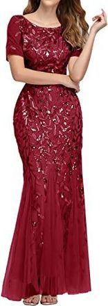 Generic Robe de soir&eacute;e moulante pour femme, robe de No&euml;l &agrave; manches courtes pour femme, robe longue &eacute;l&eacute;gante, moulante, coupe ajust&eacute;e, robe caraco mi-longue po