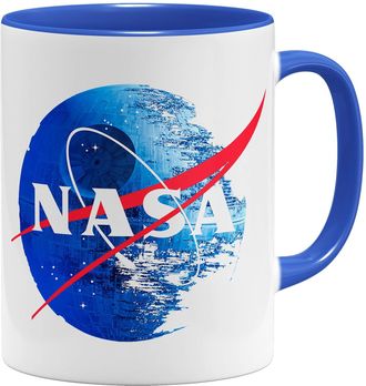 OM3 Empire Death Star Kaffee-Tasse NASA Style Logo - Keramik Becher - 11oz 325ml - Beidseitig Bedruckt - Blau