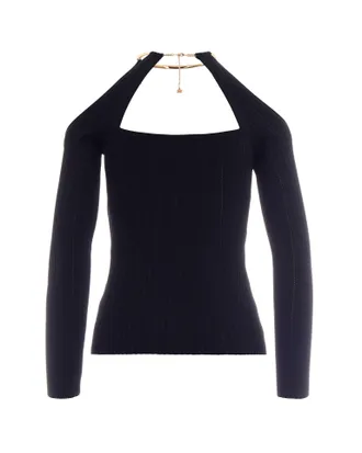 Elisabetta Franchi Womens Knit Top With Gold-Jewel Detail Black Viscose Jumpers Sweater