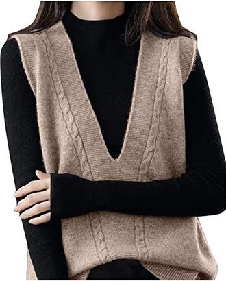 Generic Haut court en tricot sans manches avec col en V et motif &eacute;cossais de couleur unie pour femme, kaki, Taille unique