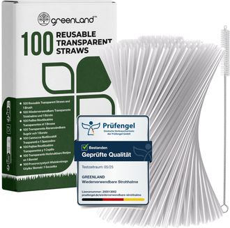 Greenland 100 Wiederverwendbare Transparente Strohhalme mit Bürste - 21 cm lang, 6 mm breit - Perfekt für Cocktails, Milch, Saft, Tee (Trinkhalme)