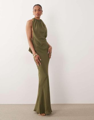 Asos Tall ASOS DESIGN Tall - Drapiertes Neckholder-Maxikleid in Khaki mit Knotendetail am R&uuml;cken-Gr&uuml;n