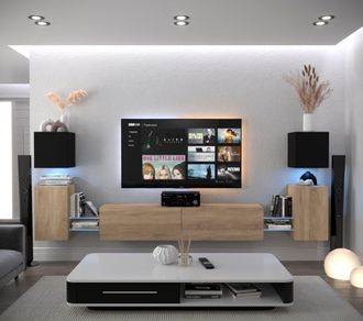 Furnitech Wohnwand Wohnzimmer | Wohnzimmer M&ouml;bel mit LED Blau | H&auml;ngend Wohnwand Modern | Wohnzimmer Schrankwand mit Regale und TV Schrank (AN105-21BS-M14 1C)