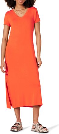 Amazon Essentials Damen Kurzärmliges, mittellanges Jersey-Kleid mit V-Ausschnitt, Korallenorange, XXL