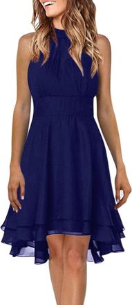 Generic Partykleid Damen Ärmellos Sexy Halter Schulterfrei Chiffon Kleid Hohe Taille Kurz Abendkleid Einfarbig Tunika A-Linie Kleid Elegant Cocktailkleid Silv