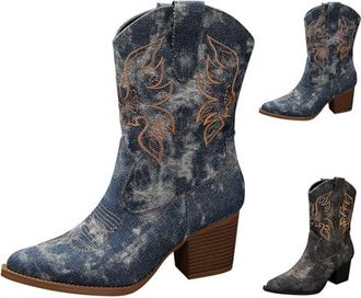 Generic Bottes de cowboy pour femme - Bout pointu brod&eacute; r&eacute;tro &agrave; enfiler - Style occidental - Bottes de cowgirls - Coupe large - Cuir r&eacute;tro - Demi-hauteur - Ch