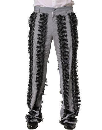 Dolce & Gabbana Mens Pinstriped Embellished Trousers Gray Cotton