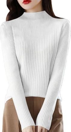 Generic Pull dhiver en tricot pour femme - Manches longues - Col mi-haut - Couleur unie - Pull en tricot fin et léger - Haut côtelé élégant - Décontracté - Ba