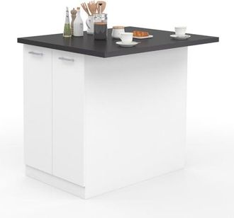 IDMarket Ilot Central IVO 100 cm Blanc avec Plan de Travail Gris Anthracite