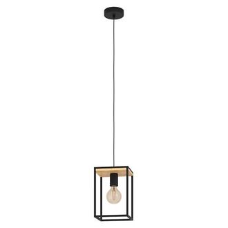Eglo Suspension luminaire Libertad, lustre chambre en métal noir et bois naturel, plafonnier salon ou salle à manger, douille E27