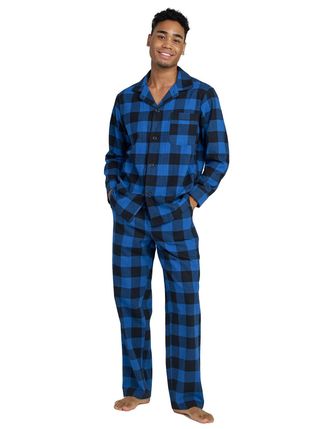 Lapasa Herren Pyjama-Set Relaxed Fit Lounge Top & Hose, Flanell Schlafanzugset M95, Schwarz + Blau, XXL