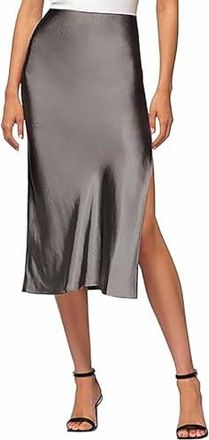 Generic Jupe midi en satin de soie taille haute fendue &agrave; taille &eacute;lastique pour femme, jupe midi &eacute;l&eacute;gante et belle pour femme, jupe de lit enveloppante, gris, 