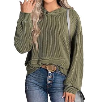 Generic Sweat &agrave; Capuche Confortable pour Femme, Coupe Oversize d&eacute;contract&eacute;e, Manches Longues, Pull uni en Maille c&ocirc;tel&eacute;e, Vert arm&eacute;e, Taille XL