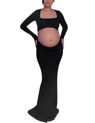 BHome Mutterschaft Fotoshooting Kleid Langarm Sexy Ausschnitt Rückenfrei Umstandskleid Maxikleid Fotografie Outfits, Schwarz, X-Large