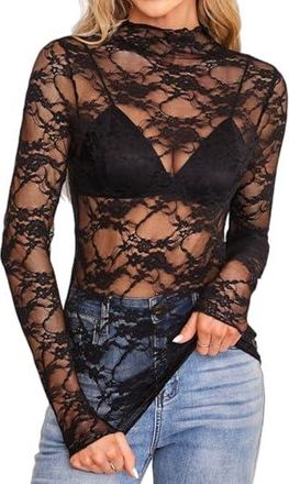 Generic Haut en dentelle pour femme, haut &agrave; manches longues en dentelle pour femme, haut transparent &agrave; manches longues en maille pour femme, Noir, XXL
