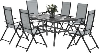 OUTSUNNY 7-teiliges Gartentisch und Stuhl Set, Esstisch mit Schirmloch und 6 klappbare Gartenst&uuml;hle mit hoher R&uuml;ckenlehne, rechteckiger Stahl-Gartentisch, grau